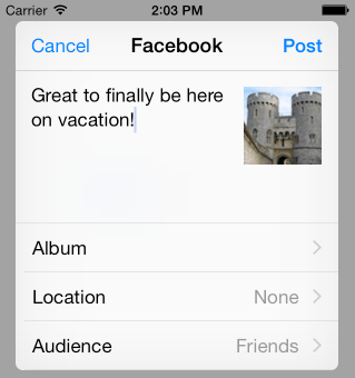 ios - How to activate automatic location when posting to Facebook with UIActivityViewController ...
